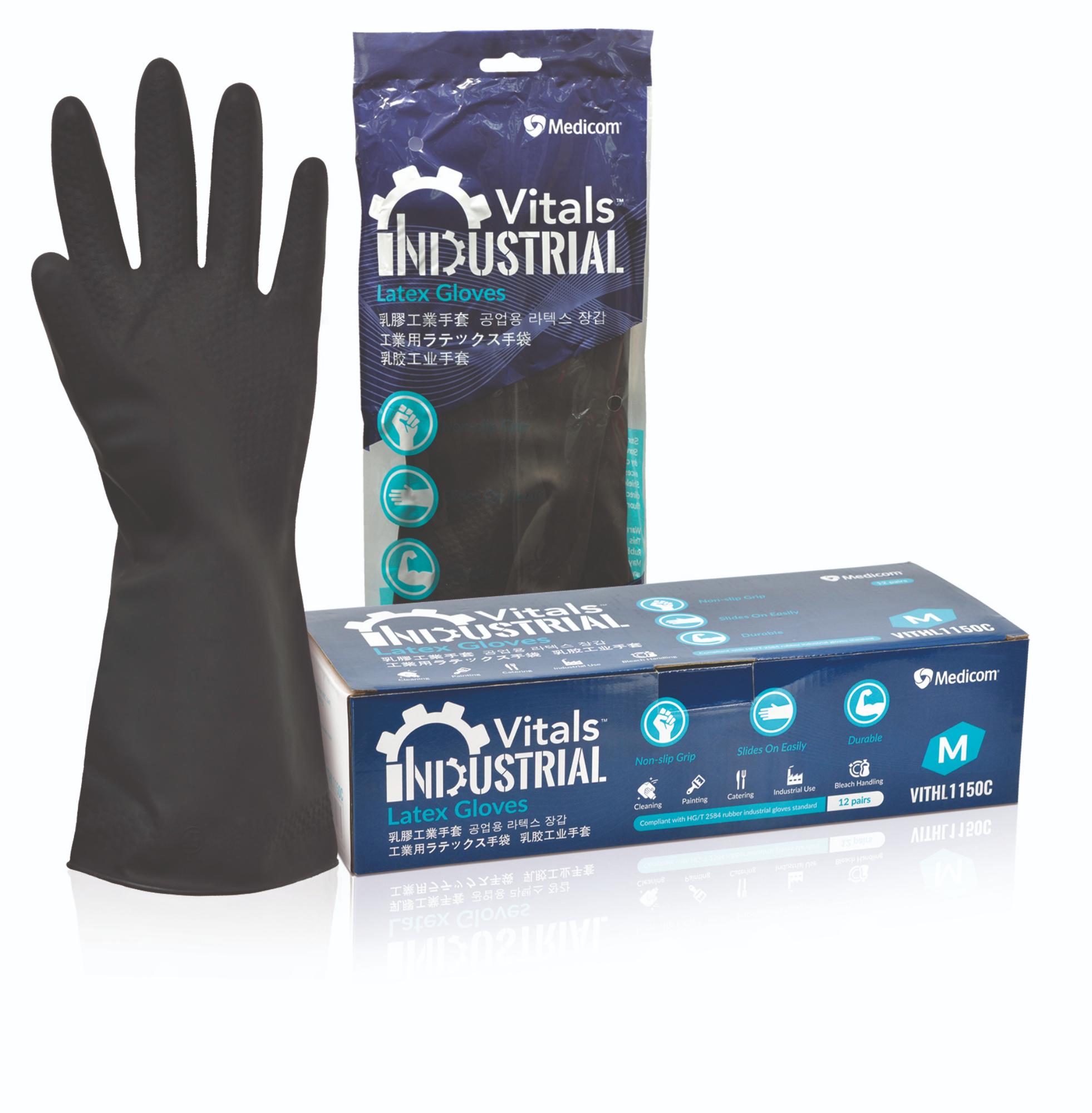 Vitals Black Industrial Latex Reusable Gloves | A. R. Medicom Inc ...